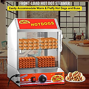VEVOR Hot Dog Steamer, 27L/24.52Qt, 2-Tier Hut Steamer for 175 Hot Dogs & 40 Buns, Electric Bun Warmer Cooker with Tempered Glass Slide Doors Partition Plate Food Clip PTFE Tape, Stainless Steel