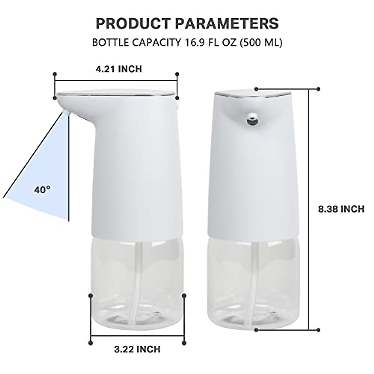 Automatic Soap Dispenser 16.9 oz/500 ml Touchless Hand Free Soap Dispenser with 2 Adjustable Level and Infrared Motion Sensor for Bathroom Kitchen, Home Office, Hotel and Outdoor