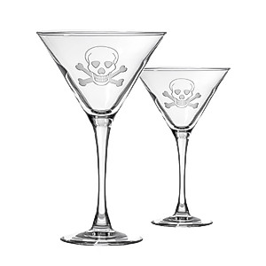 Rolf Glass Skull and Cross Bone Martini Glass - Set of 2 Stemmed 10 ounce Martini Glasses - Lead-Free Glass - Etched Cocktail Glasses - Made in the USA