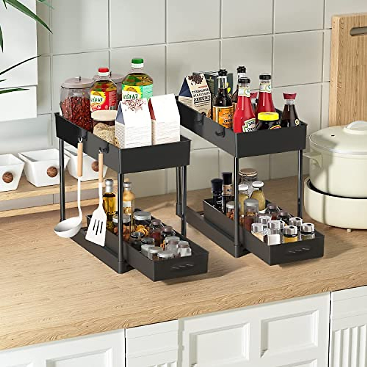 EARTHALL Under Sink Organizers And Storage, 2 Pack Sliding Cabinet Basket Organizer Drawers With Hooks And Bendable Brush, Under Bathroom Sink Organizer Cleaning Supplies Organizer