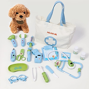 Meland Toy Doctor Kit for Kids - Pretend Play Doctor Set with Dog Toy, Carrying Bag, Stethoscope Toy & Dress Up Costume - Doctor Play Gift for Kids Toddlers Ages 3 4 5 6 Year Old for Role Play