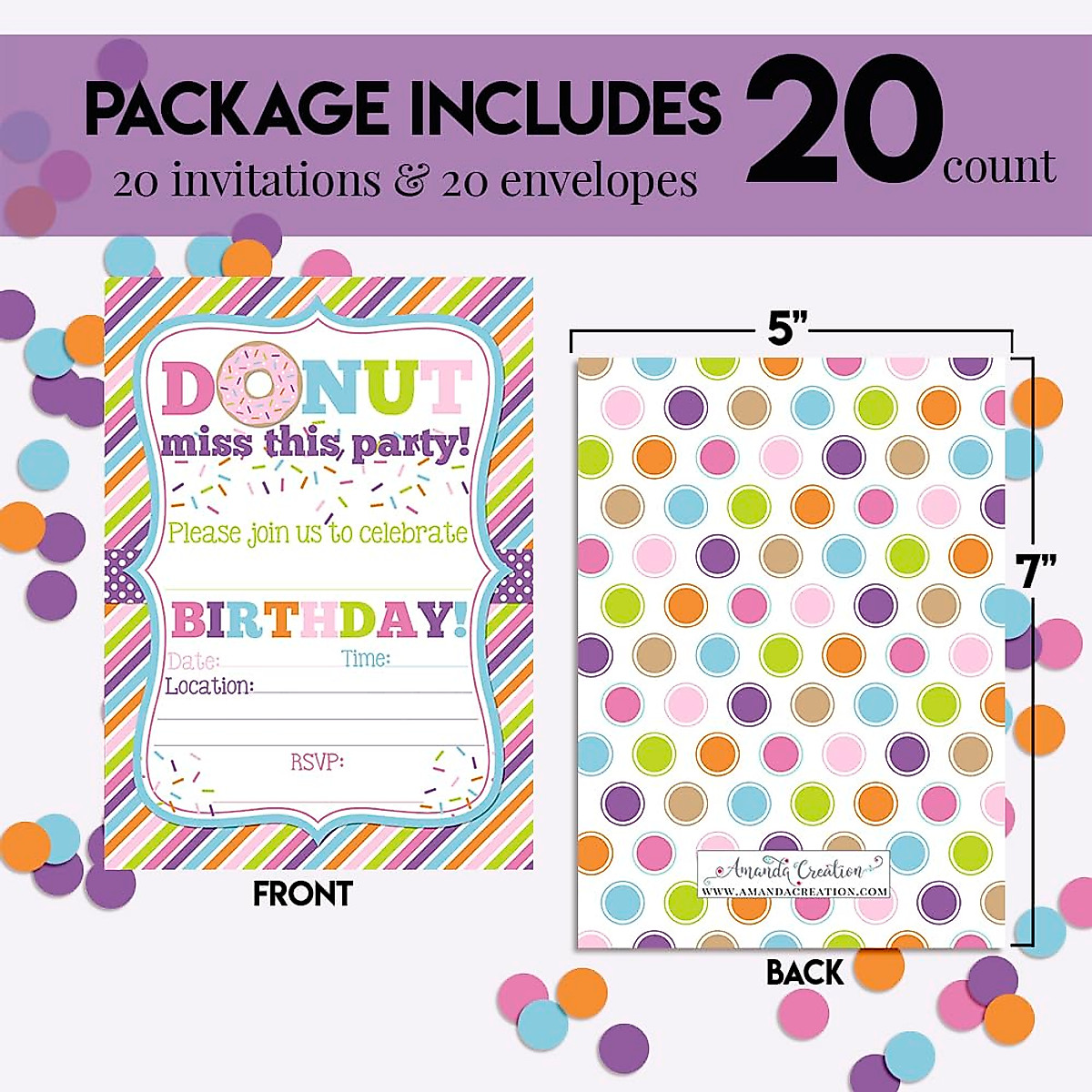 Colorful Donut with Sprinkles Birthday Party Invitations, 20 5x7 Fill In Cards with Twenty White Envelopes by AmandaCreation