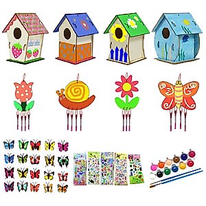 Aulufft 18pcs DIY Wooden Bird House Tool Set,Wooden Arts Wind Chime Kits with Pigments and Brush,Simulation Butterfly Accessories,Birdhouse Crafts for DIY Paint