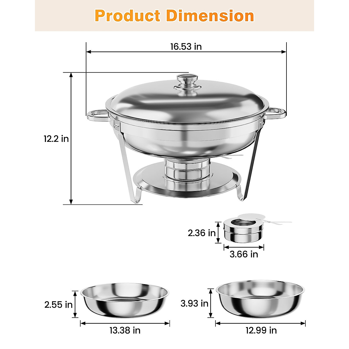 GAOMON 5QT Chafing Dish Buffet Set of 6 Pack, Round Stainless Steel Food Warmers Buffet Servers Sets, Chafer with Food & Water Pan, Lid, Frame, Fuel Holder for Catering and Parties