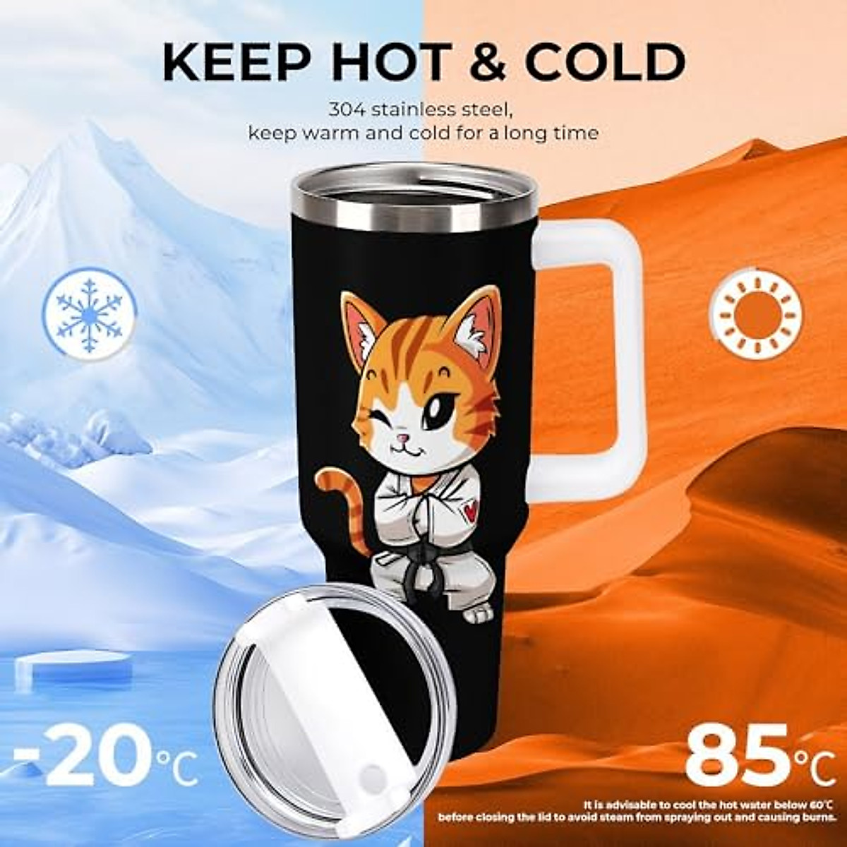 Brazilian Jiu Jitsu Black Belt Cute Cat 40OZ Tumbler Stainless Steel Travel Mug Water Bottle Car Cup Tea Cups with Lid White-style