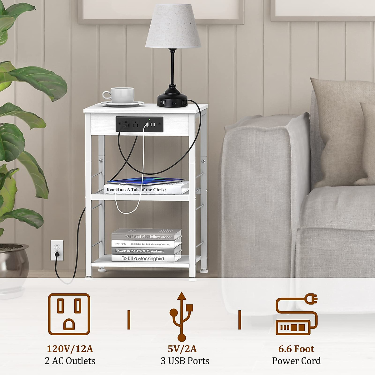 NOVIMANGO Nightstand with Charging Station End Tables White Side Table with USB Ports & Outlets Small Bedside Table with 3 Tier Storage Night Stand Table in Bedroom Living Room Dorm Office