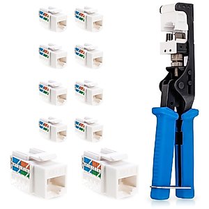 Speed Termination Tool - Easy Punch Down with Stainless Steel Blades For 45 Degree RJ45 LAN Cat6 / Cat5e Keystone Jacks + 10 White Cat6 Keystones Jack Connectors Kit