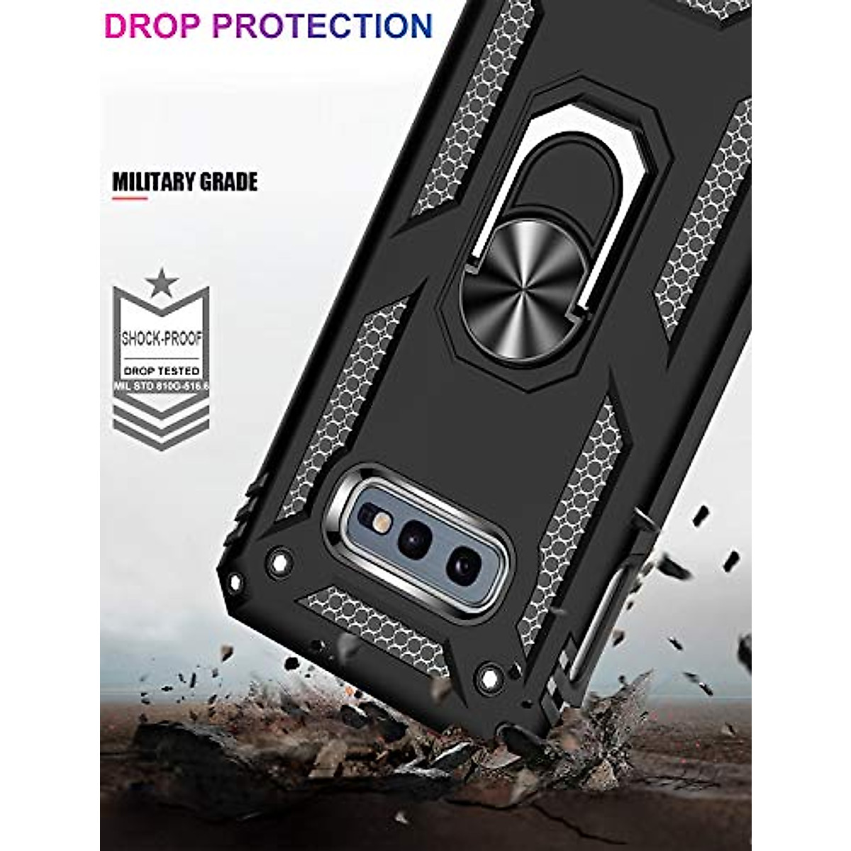 IKAZZ Galaxy S10e Case with Screen Protector,Military Grade Shockproof Cover Pass 16ft Drop Test with Magnetic Kickstand Car Mount Holder Protective Phone Case for Samsung Galaxy S10e Black