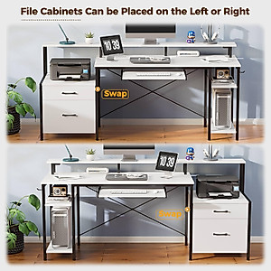 Rolanstar Computer Desk 59" with File Drawer, Gaming Desk with LED Light & Power Outlets, Home Office Desk with File Cabinet & Storage Shelves, with Monitor Stand & Keyboard Tray, White