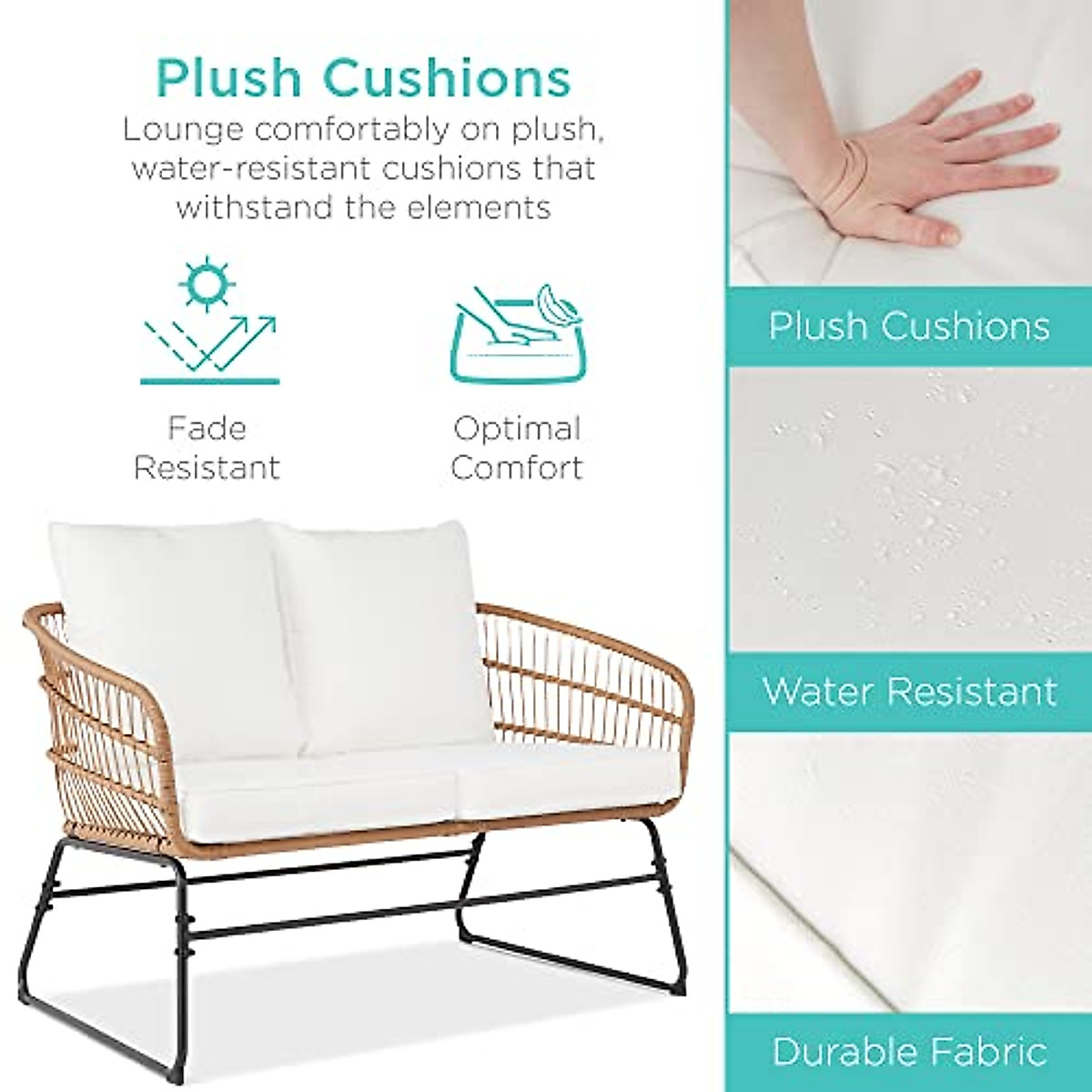 Best Choice Products 4-Piece Outdoor Rope Wicker Patio Conversation Set, Modern Contemporary Furniture for Backyard, Balcony, Porch w/Loveseat, Plush Cushions, Coffee Table, Steel Frame - White