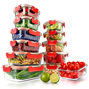 NutriChef 12-Piece Glass Food Storage Containers with Lids - Stackable Heavy Duty Meal Prep Containers w/Airtight Lids - Microwave, Freezer, & Dishwasher Safe for Food, Snacks, Fruit & More (Red)