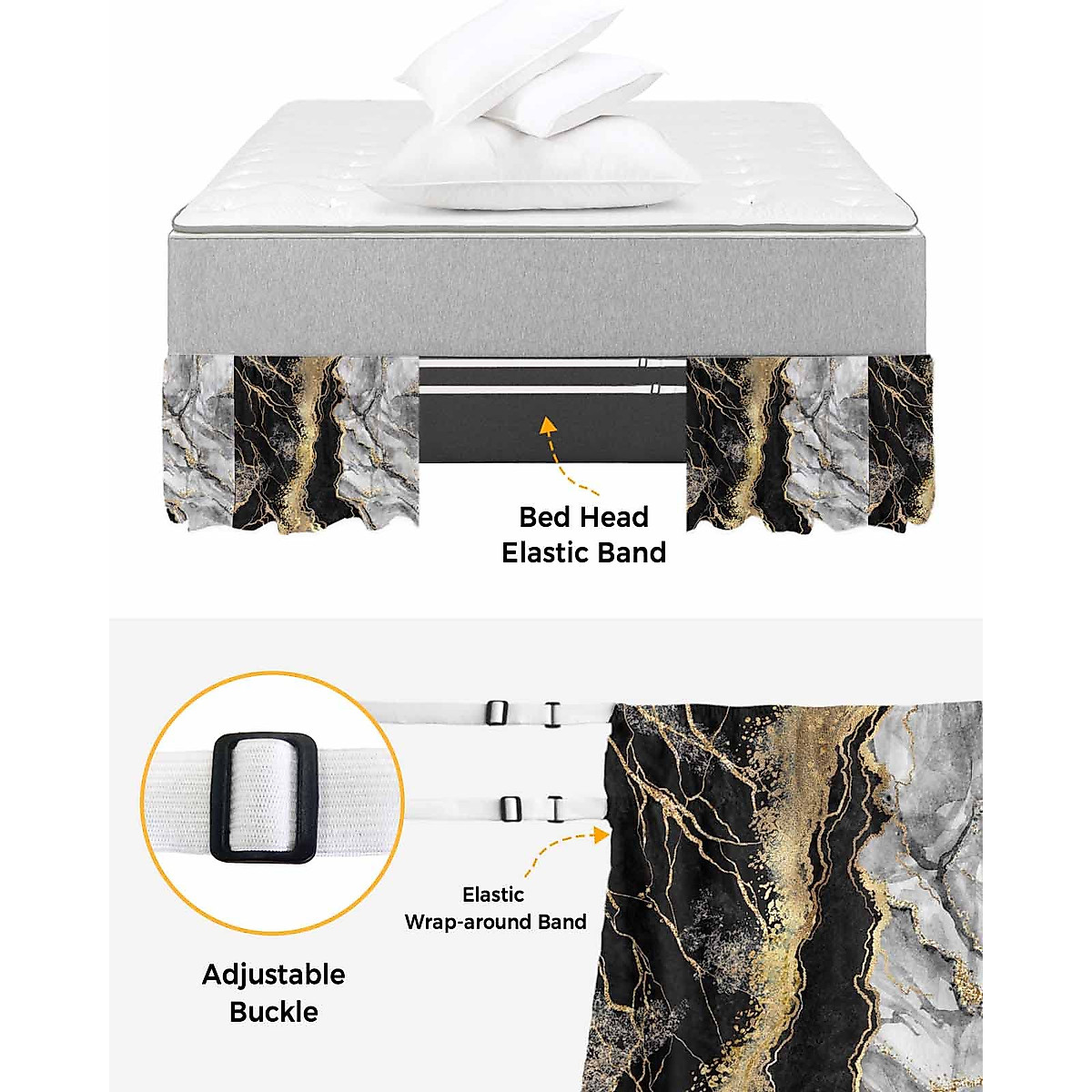 Marble Black Bed Skirt Cal King Size 18 Inch Drop, Adjustable & Elastic Wrap Around Bed Skirts Pleated Luxury Dust Ruffles for Twin Full Queen Cal King Base Bed, Gold Grey Modern Abstract Marbling