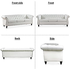 Wlvos 84" Leather Chesterfield Sofas for Living Room, Rolled Arm 3-Seater Large Couch Deep Button Nailhead Tufted Upholstered Couches for Bedroom, Office Apartment Easy to Assemble (Beige)