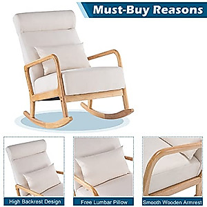 VINGLI Rocking Chair Nursery, 25.2" High Backrest Mid-Century Rocking Chair with Wooden Armrest Upholstered Glider Rocker with Free Lumbar Pillow for Living Room (Beige)