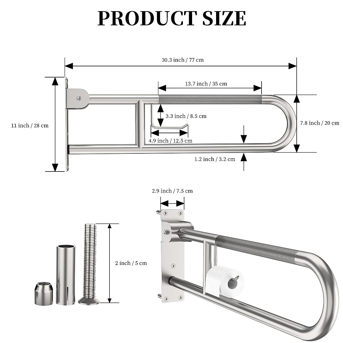 Toilet Grab Bar 30.3 Inch, YuanDe Brushed Nickel Anti-Slip Support Rail, U Shaped Flip-Up Grab Bar with Paper Holder, Stainless Steel Knurled Handicap Safety Handrails for Disabled Elderly Pregnant