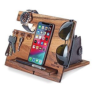 TESLYAR Natural Walnut Wood Phone Docking Station Hooks Key Holder Wallet Stand Watch Organizer Men Husband Anniversary Birthday Nightstand Purse Father Graduation Male Idea Gadgets Solid
