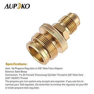 Aupoko 1LB Portable Propane Tank Cansiter Regulator Adapter Connection to 3/8" Male Flare (5/8"-18UNF) Thread, Camping Grill Stove Parts for Heaters, Burner, Cooker