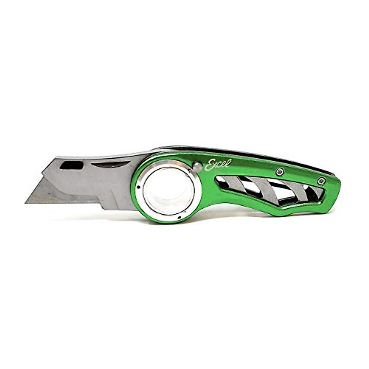 Excel Blades Revo Folding Pocket Utility Knife - Aluminum Body Heavy Duty Box Cutter with Holster, Anti-Slip Finger Loop Design Grip, Quick Change Blades and 3 Lock Positions Design, Green