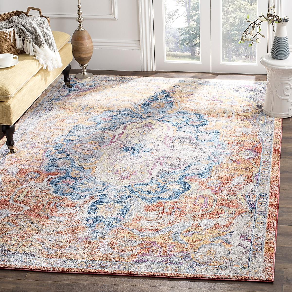 SAFAVIEH Bristol Collection Area Rug - 10' x 14', Blue & Orange, Boho Chic Medallion Distressed Design, Non-Shedding & Easy Care, Ideal for High Traffic Areas in Living Room, Bedroom (BTL350S)