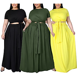 Summer Women's Plus Size 2 Piece Dress Sets Printed High Waisted Maxi Dress Sets Clubwear Tracksuit-Green
