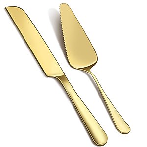 GIEBYIE 2Pcs Wedding Cake Knife and Server Set, Premium Cake Cutter includes 10.63" Cake Knife and 9.25" Pie Server, Stainless Steel Cake cutting set for Wedding, Birthday, Anniversary, Gold