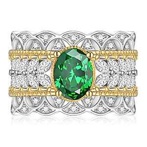 LYLYMIMI Emerald Ring for Women Vintage Adjustable Open rings Gem CZ Women's Ring (Silver)
