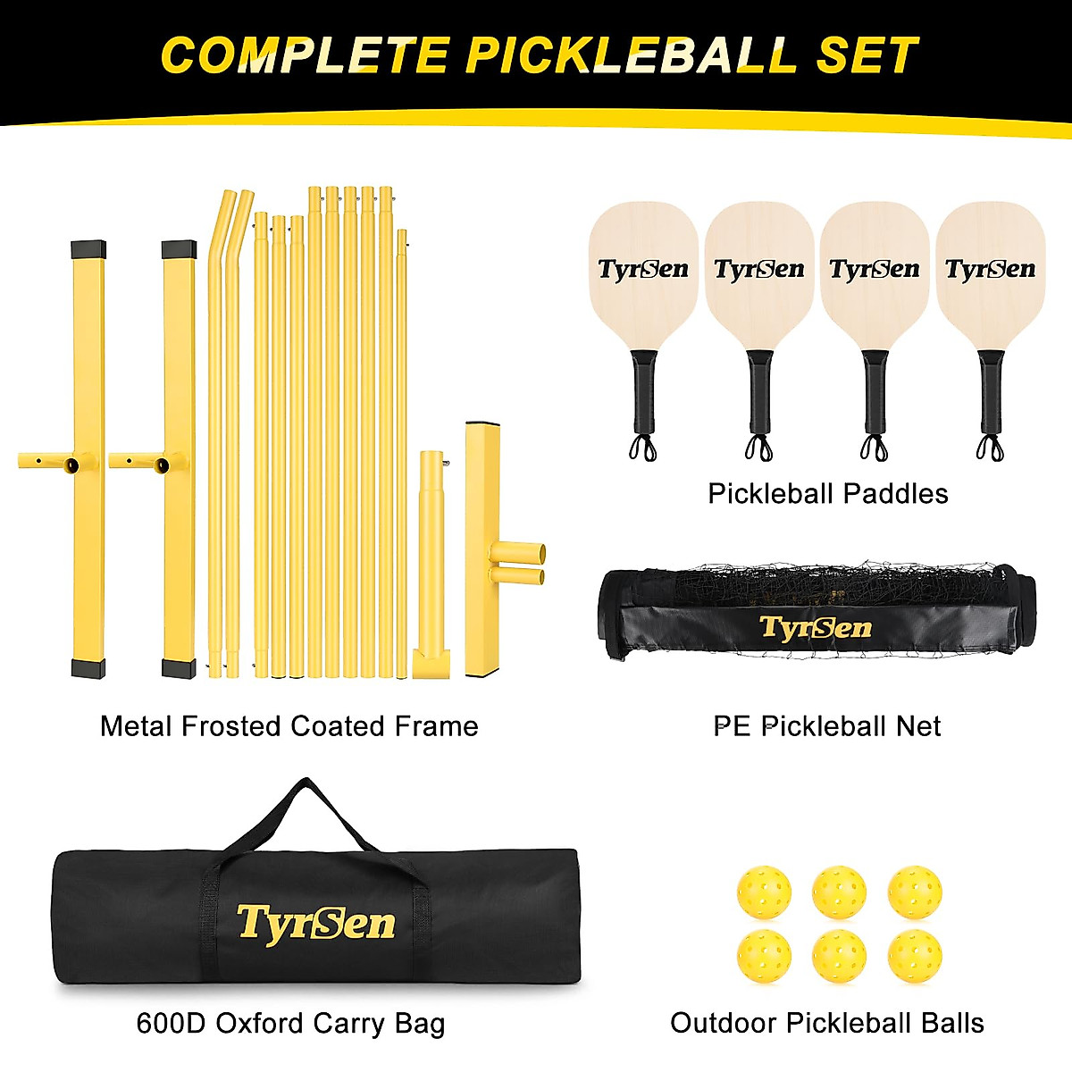 TYRSEN Pickleball Set with Net, 22FT USAPA Regular Size Portable Pickleball Net System for Driveway Backyard, 4 Paddles & 6 Balls, Strong PE Net and Steady Steel Frames for Indoor Outdoor