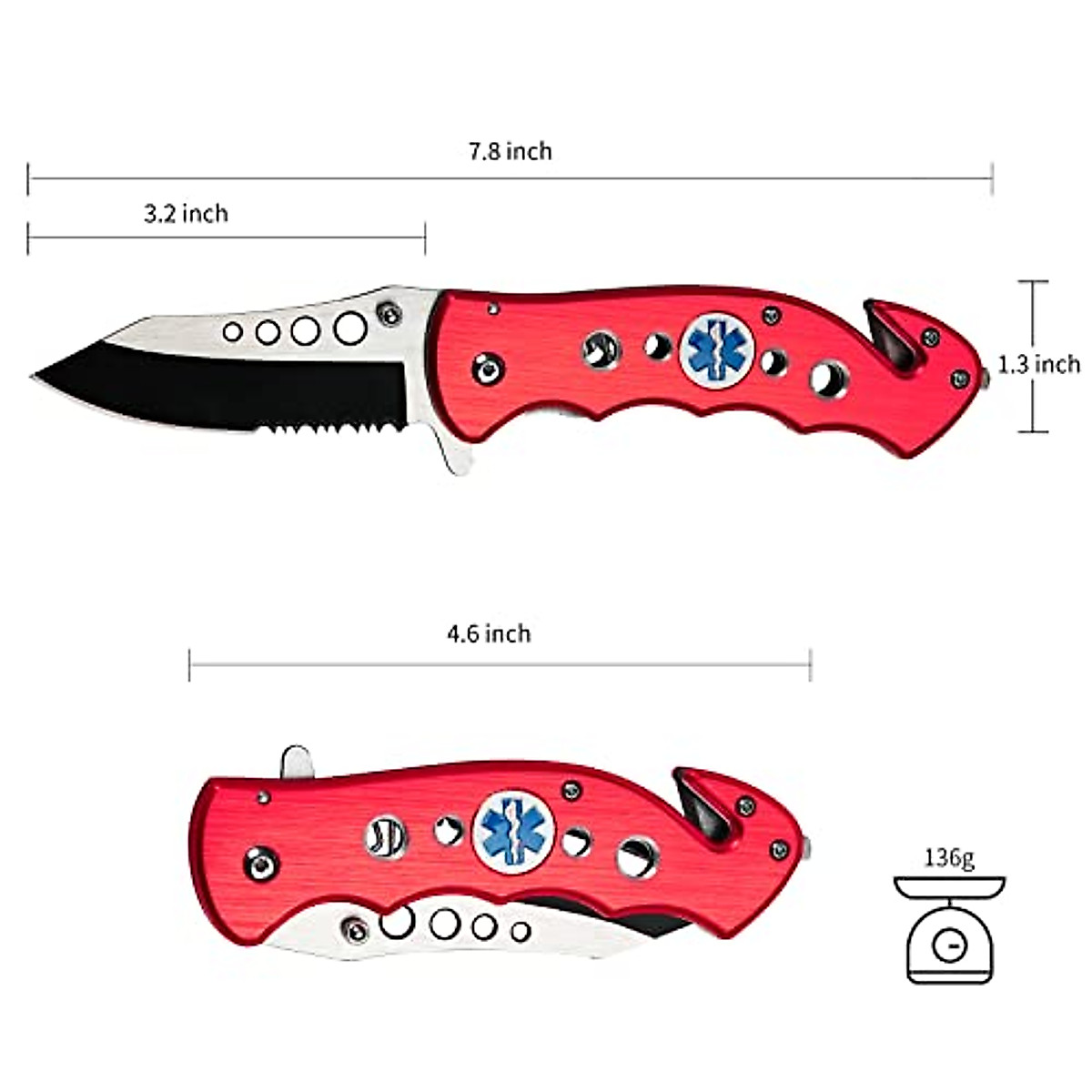 Dispatch Folding Pocket Knife Red Aluminum Handle with Saw Rope Cutter and Glass Breaker, Multifunction for Outdoor Hunting Camping Hiking EDC Tool