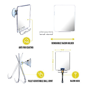 Luxo Shower Mirror, Shower Mirror fogless for Shaving with a Removable Razor Holder - Shaving Mirror for Shower with a Powerful Suction Cup - Shatterproof fogless Mirror for Shower (Clear)