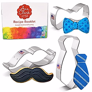 Little Man Father's Day Cookie Cutters 3-Pc Set, Made in USA by Ann Clark, Bow Tie, Mustache, Necktie