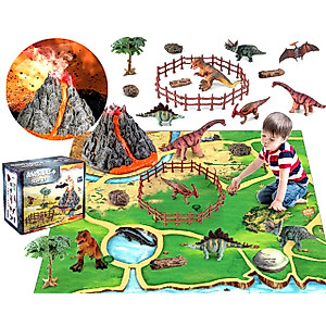 kramow Dinosaur Volcano Figures Toy with Mat, Mist-spouting Volcano Playset with Realistic Dinosaurs,Stone and Tree to Create a Dinosaur World Educational for Kids Boys Girls Age 3+
