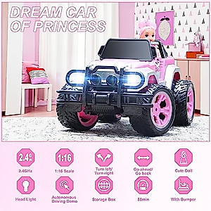 Carox Remote Control Car for Girls, Pink RC Car with Doll and Sticker for Ages 4-10 Years Old Girls, 80 mins with Rechargeable Battery, 1:16 Scale 2.4Ghz, Birthday for Grils,OX11S