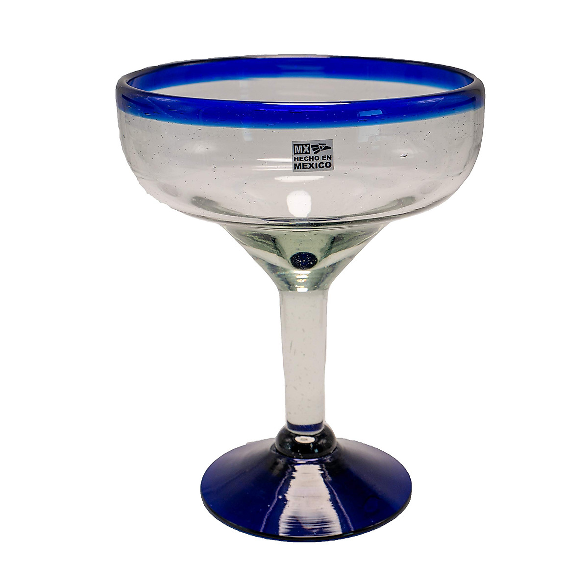 EMPORION Set of 4 Hand-Blown Margarita Glasses from Mexico with Cobalt Blue Rim - Rustic & Handcrafted Recycled Bubble Glass Drinking Glassware - 14 Oz