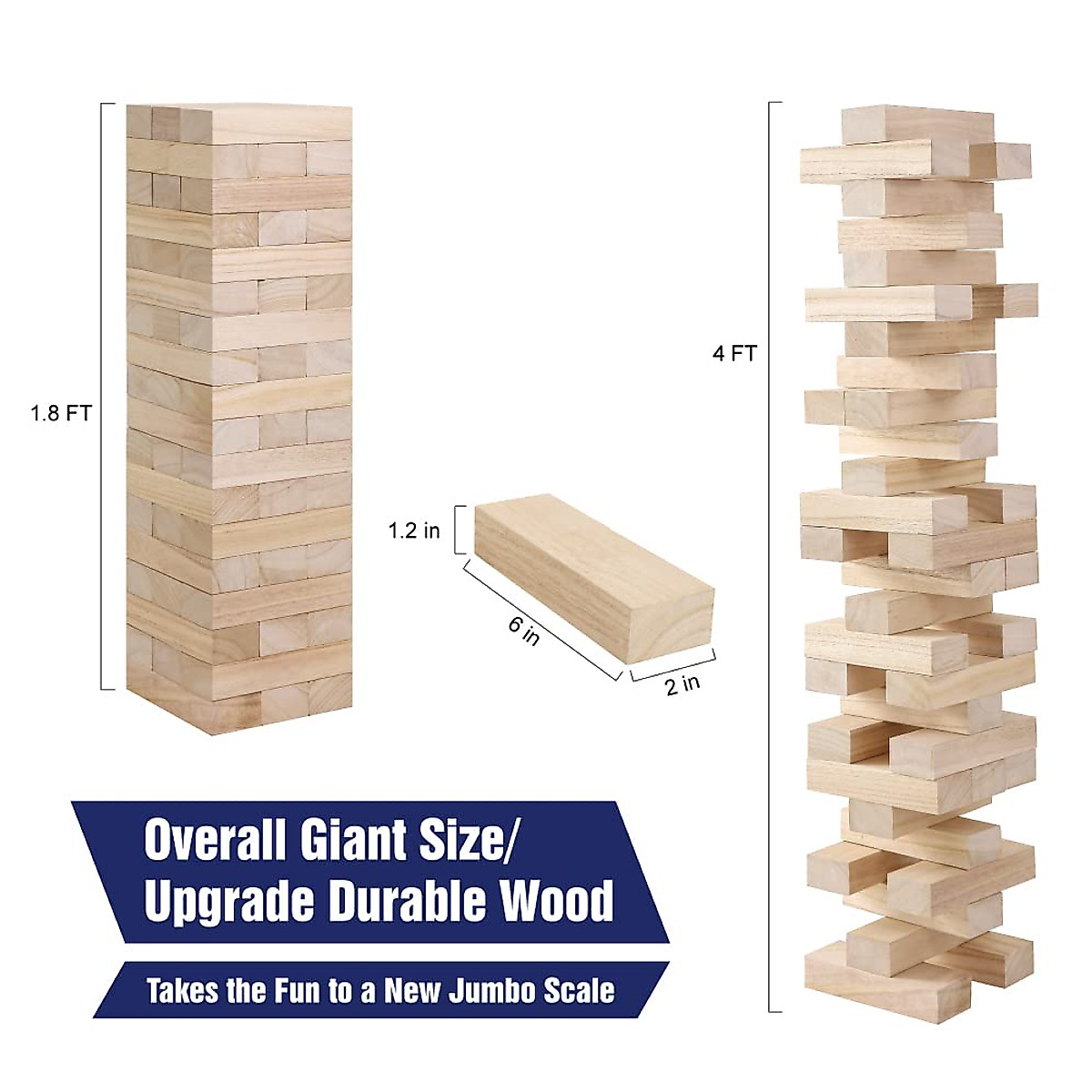 GOTHINK Giant Tumble Tower Game, Large Tumbling Tower Stack to Over 4 FT 54pcs Wooden Jumbo Blocks for Outside Yard Games with Carry Case Timber Stacking Game Night Toy Gift for Kids Adults Family