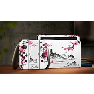 ZOOMHITSKINS OLED Switch Skin, Compatible with Switch OLED Skin Wrap, Japanese Asian Temple Cherry Blossom Flower Nature Pink Samurai, 3M Vinyl for Durable & Fit, Made in The USA