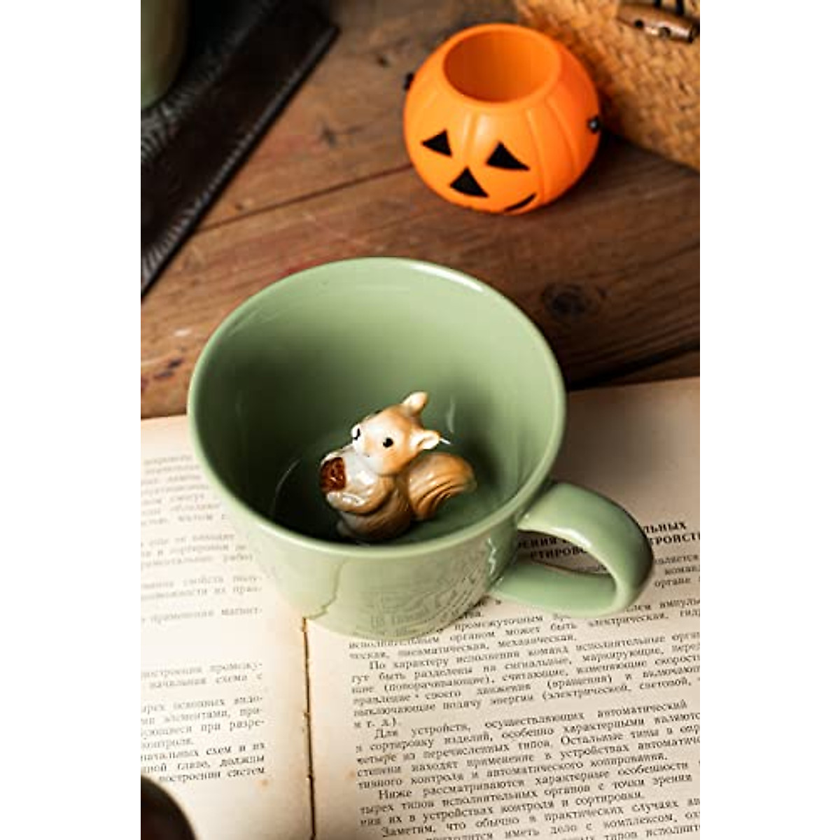 DIHOclub Squirrel Ceramic Cup Hidden 3D Animal Inside Mug,Cute Cartoon Handmade Figurine Mugs,Holiday and Birthday Gift for Coffee Milk Tea Lovers,12 OZ(Light Green)