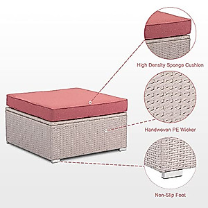 COSIEST Outdoor Furniture Add-on Ottoman for Expanding Wicker Sectional Sofa Thick Cushion for Garden, Pool, Backyard (Red)