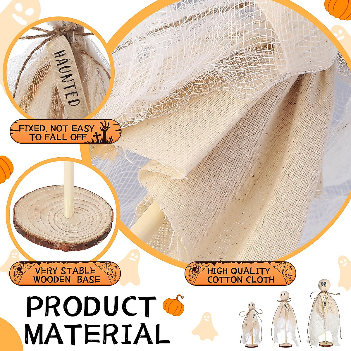 AMDBHC Halloween Decorations Indoor - 3 Set of Primitive Halloween Ghosts on Wooden Stand Spooky Halloween Ghosts Decor for Table Centerpieces Tiered Trays Shelves Mantels Home Halloween Décor