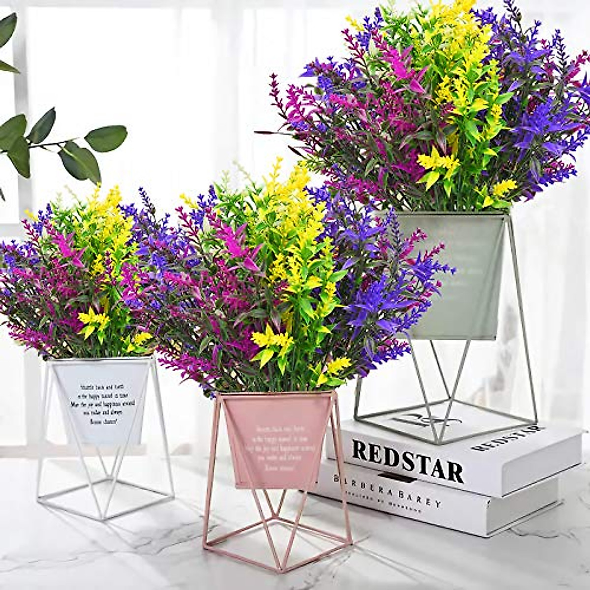 Shiny Flower Artificial Lavender Flowers Bouquet, 8 Bundles Outdoor Fake Shrubs UV Resistant Lifelike Greenery Bushes for Home Kitchen Garden Wedding Outdoor Indoor Porch Box Decorations (Mix)