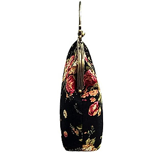 Abuyall Vintage Handbags Floral Top-Handle Kiss Lock Evening Bag for Women Retro Purse with Chain Women's Clutch Bag for Party 1920s Clutch Purse (Black)