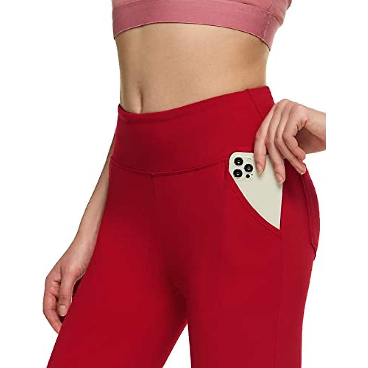 TSLA Womens Bootcut Yoga Pants with Pockets, Tummy Control High Waist Bootleg Yoga Pants, 4 Way Stretch Workout Pants, Bootcut Petite Red, Large