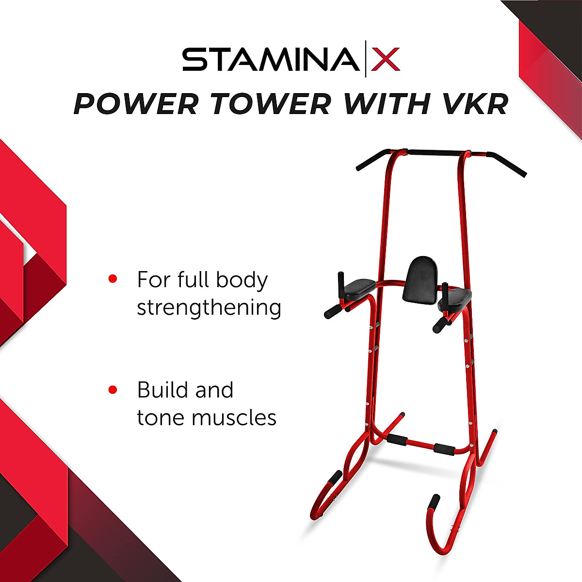 Stamina X Power Tower with VKR - Dip Bar Pull Up Bar Station with Smart Workout App - Dip Bars for Home Workout - Up to 250 lbs Weight Capacity - Red