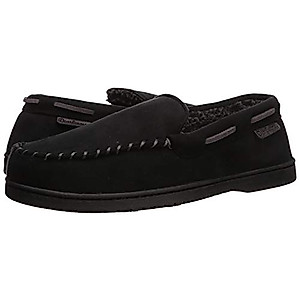 Dearfoams Men's Keaton Memory Foam Moccasin with Wide Widths Slipper, Black Microsuede, Small