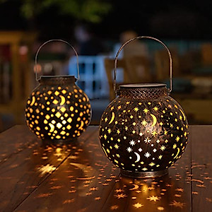 Easybuy Solar Lanterns Star Moon Solar Outdoor Lanterns Patio Garden Walkway Lawn Bronze Lanterns 2 Pack Star Moon Gifts for Wife Mother Friends