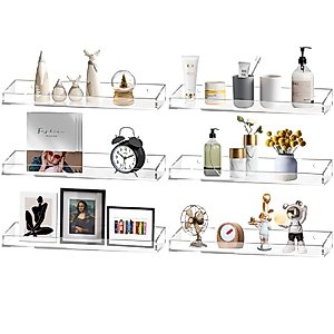 KSacry 6 Pack Acrylic Shelves for Wall Storage, 15" Floating Bookshelves for Kids, Display Shelf Organizer for Bathroom, Bedroom, Living Room, Kitchen, Room Decor, Clear
