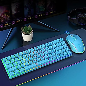 Snpurdiri 60% Wireless Gaming Keyboard and Mouse Combo,LED Backlit Rechargeable 2000mAh Battery,Small Membrane But Mechanical Feel Keyboard + 6D 3200DPI Mice for Gaming,Business Office（Blue