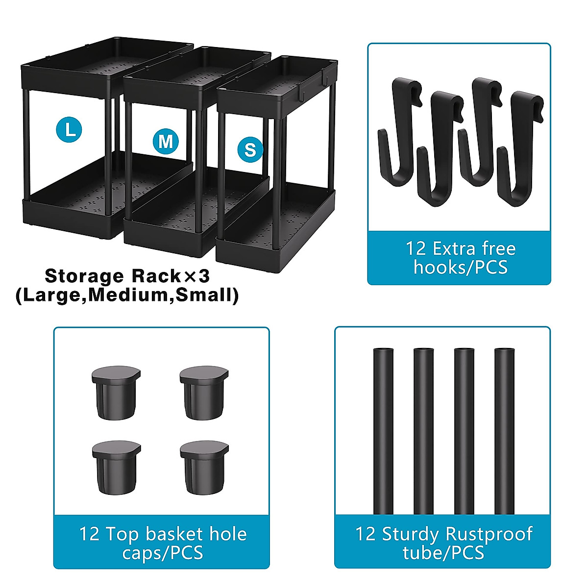 JuJeKwk Bathroom Organizer Under Sink 3 Pack, 2 Tier Bathroom Cabinet Organizer, Large capacity Under Sink Organizer, Bathroom Counter Organizer with 12 Hooks