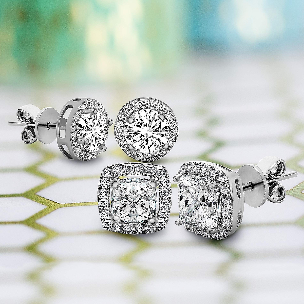 Lesa Michele Rhodium Plated 925 Sterling Silver Cushion & Round Shaped Cubic Zirconia Halo Stud Earrings for Women 2 Pair Earring Set White