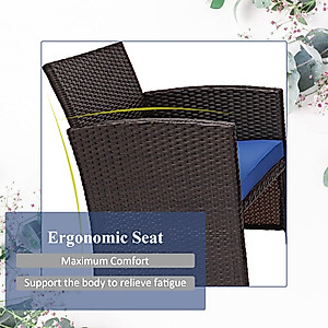 Toolsempire Outdoor Furniture Set with Water-Resistant Cushion & Tempered Glass Table, 4 Pieces Wicker Conversation Set with Ergonomic Curved Design, Outdoor Rattan Chair for Balcony, Porch(Navy Blue)