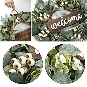 Sggvecsy Green Artificial Eucalyptus Wreath with Welcome Sign 20in Spring Summer Wreath with White Berries for Front Door Wall Window Festival Porch Farmhouse Patio Garden Decor
